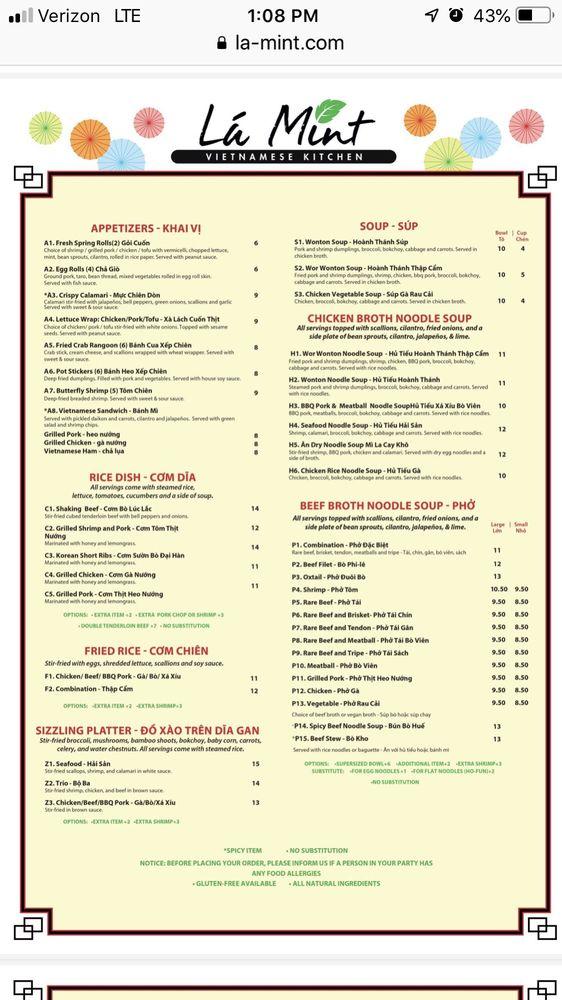 Carta del restaurante Lá Mint - Vietnamese Kitchen, Reno