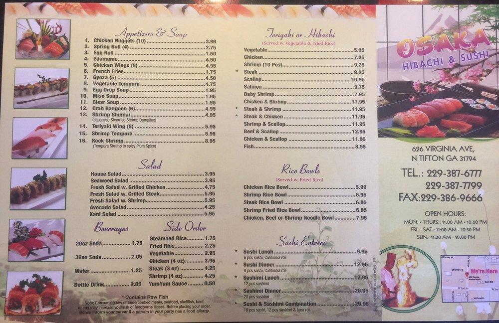 Menu at Osaka Hibachi & Sushi restaurant, Tifton, 626 Virginia Ave N