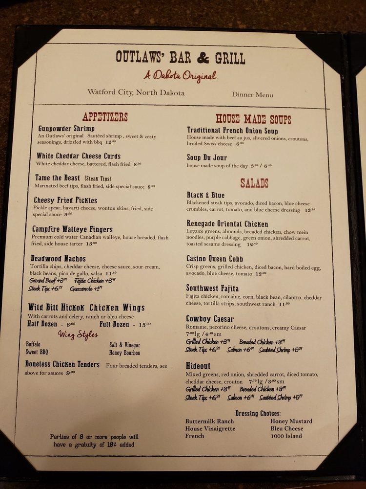 Menu at Outlaws Steakhouse, Watford City