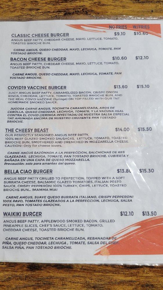 Menu at TNT BURGER restaurant, Tampa