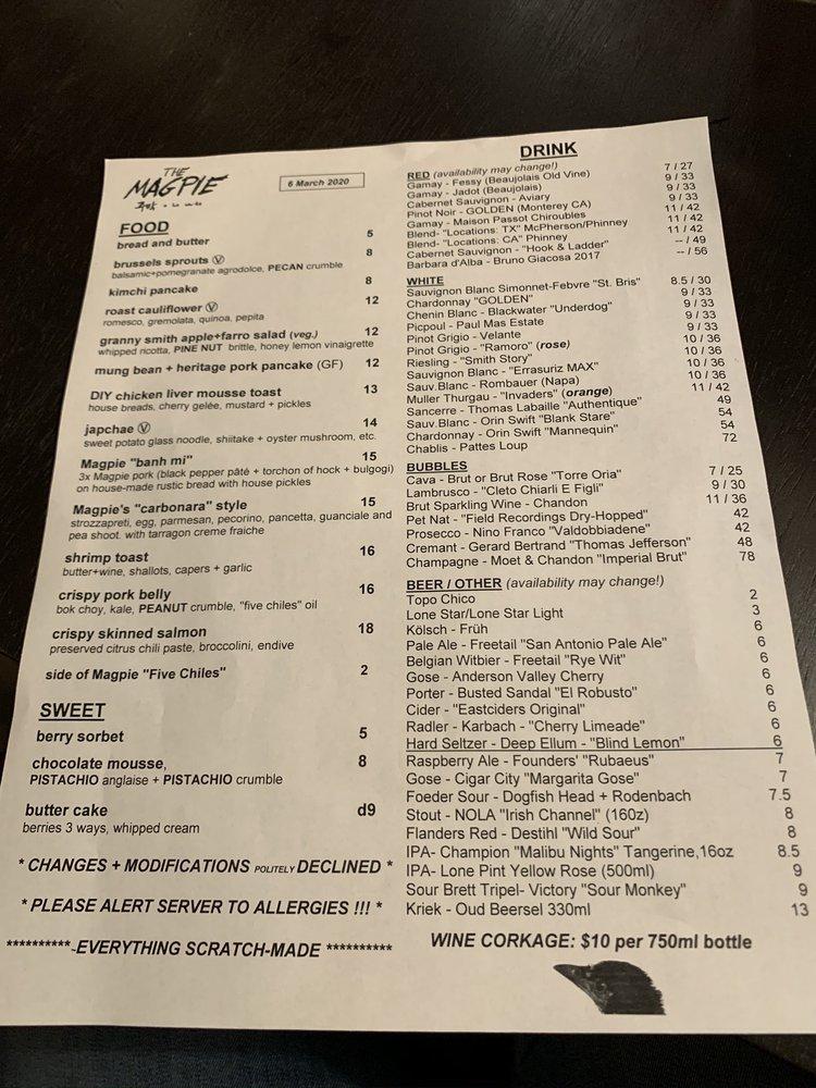 Menu at The Magpie desserts, San Antonio