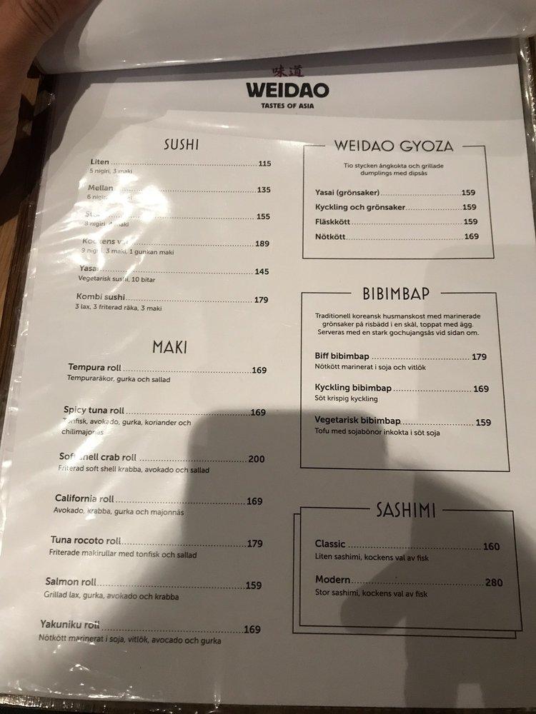 Menu at Weidao restaurant, Stockholm
