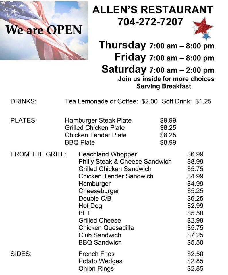 Menu at Allen's Restaurant, Peachland