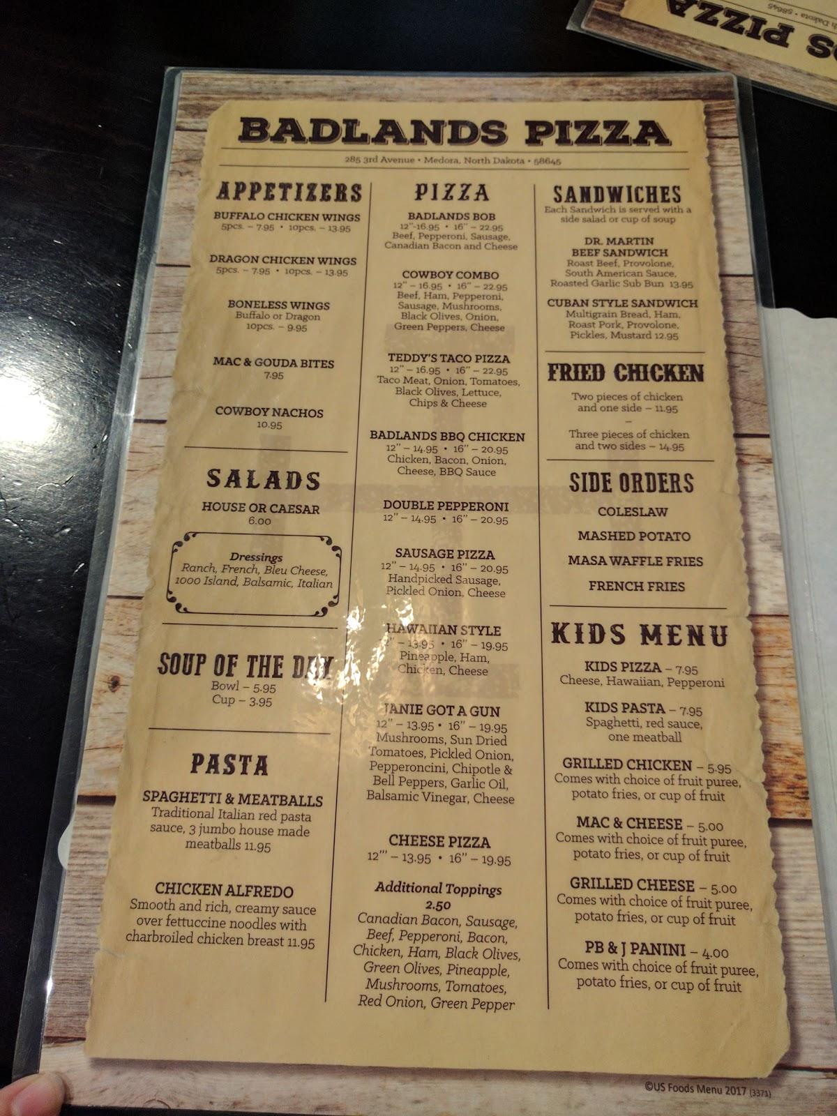 Carta de pizzería Badlands Pizza Parlor, Medora