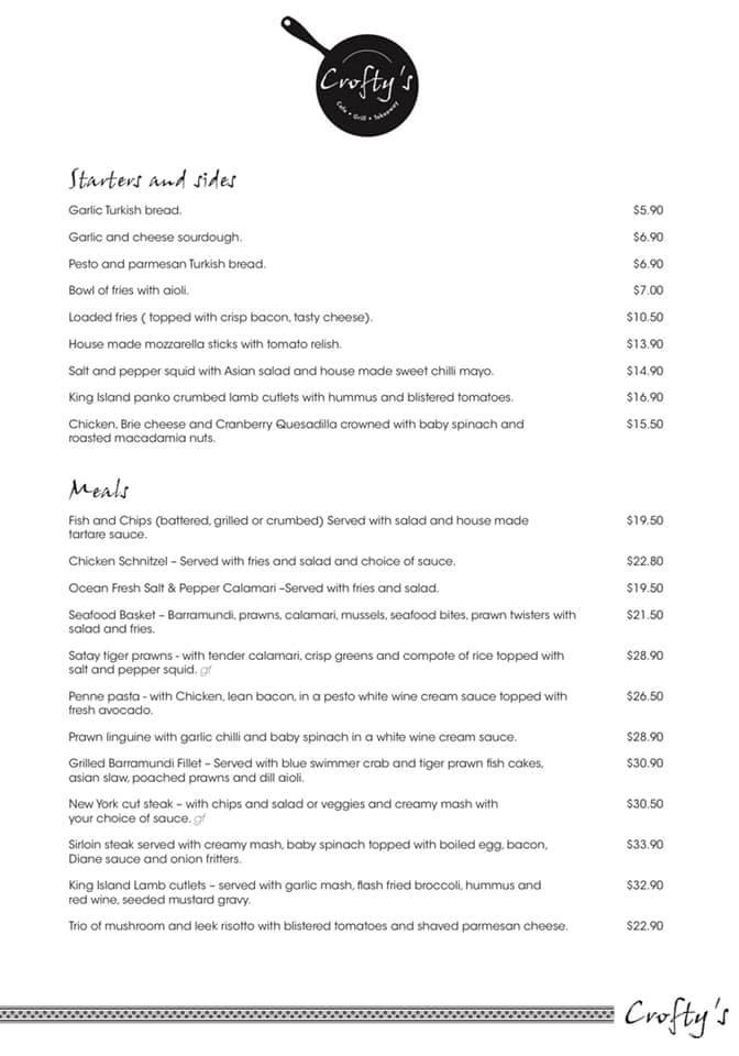 Menu at Crofty's cafe, Wadalba