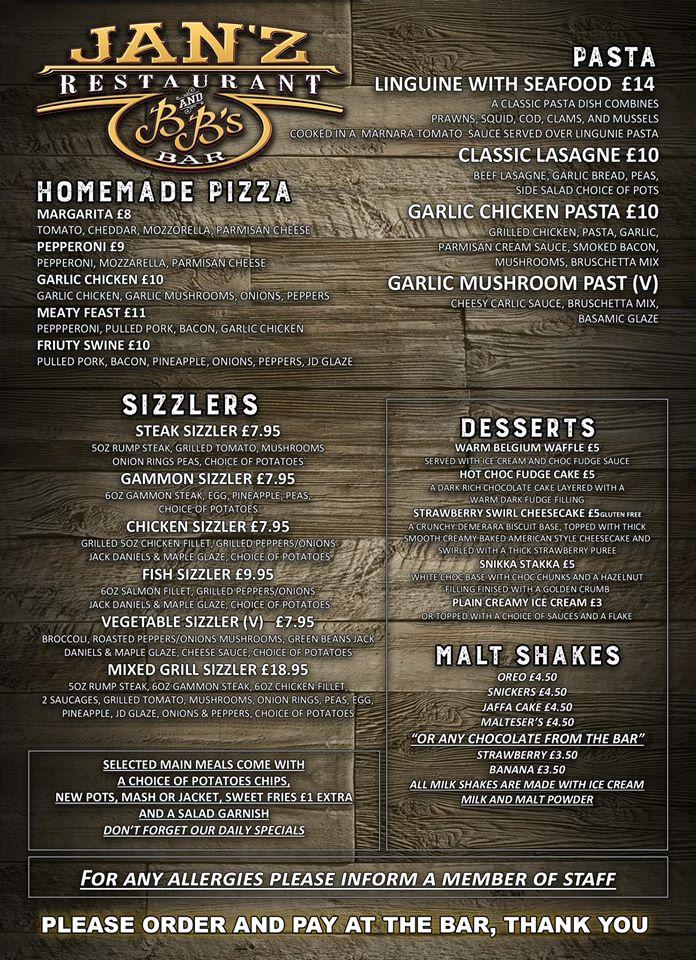 Menu at Janz Restaurant & BB's Bar, Saundersfoot