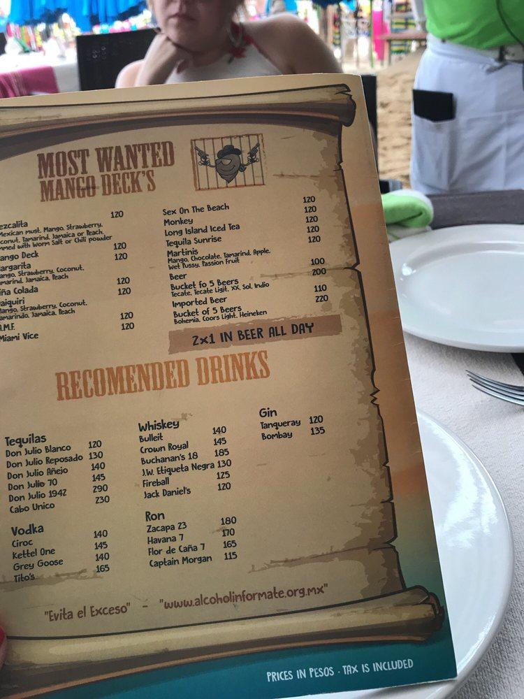 Carta del pub y bar Mango Deck, Cabo San Lucas, Playa El Medano S/N