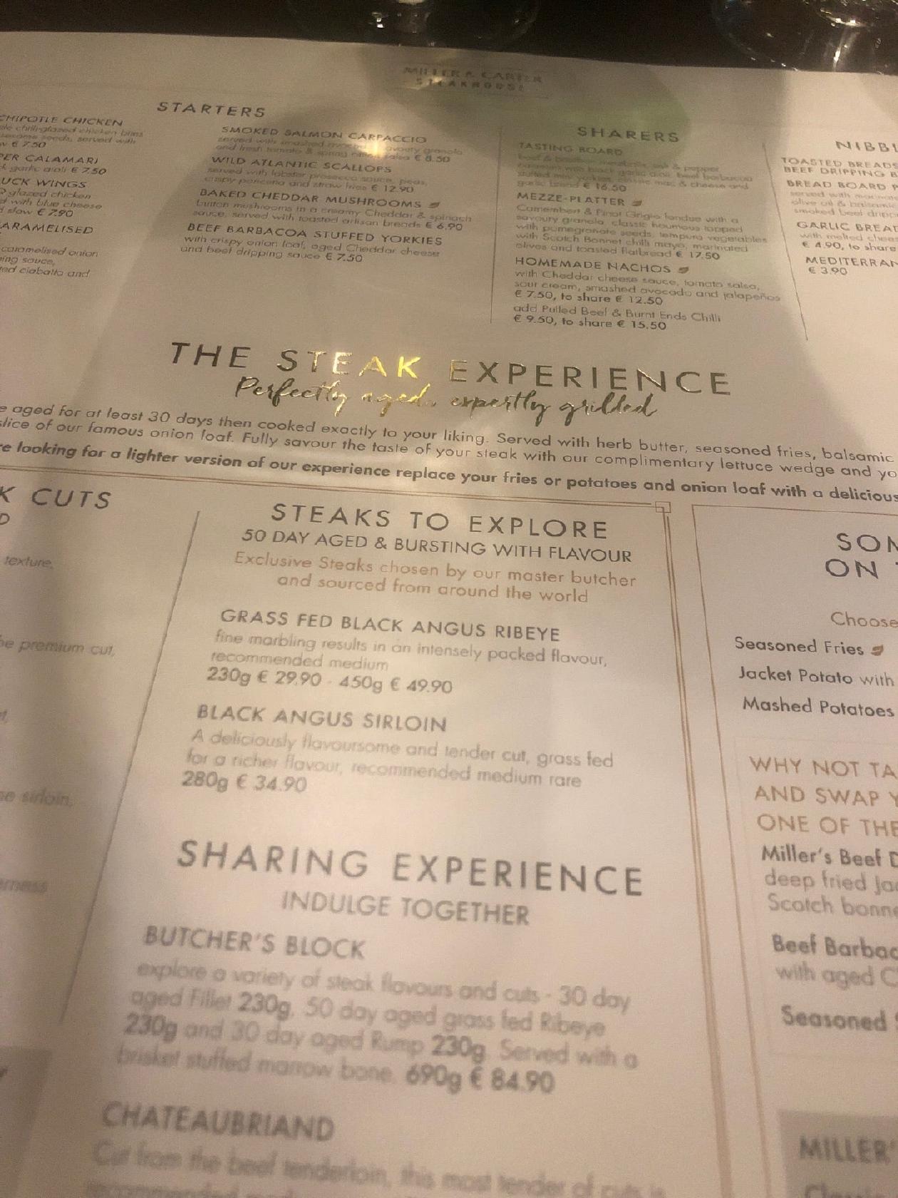 Menu at Miller & Carter Frankfurt steakhouse, Frankfurt