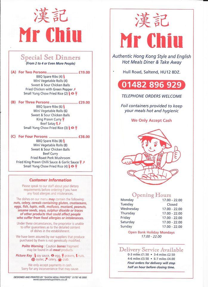 Menu at Mr Chiu restaurant, Hull