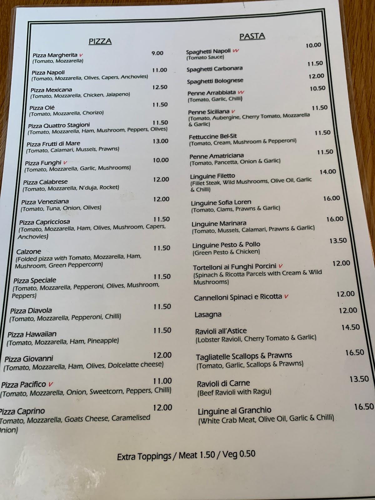 Menu at Pizzeria Bel-Sit, Woodford