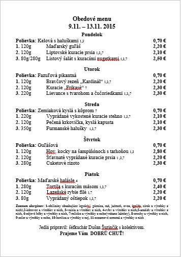 Menu at Reštaurácia Gurmán restaurant, Námestovo, Miestneho Priemyslu 1247