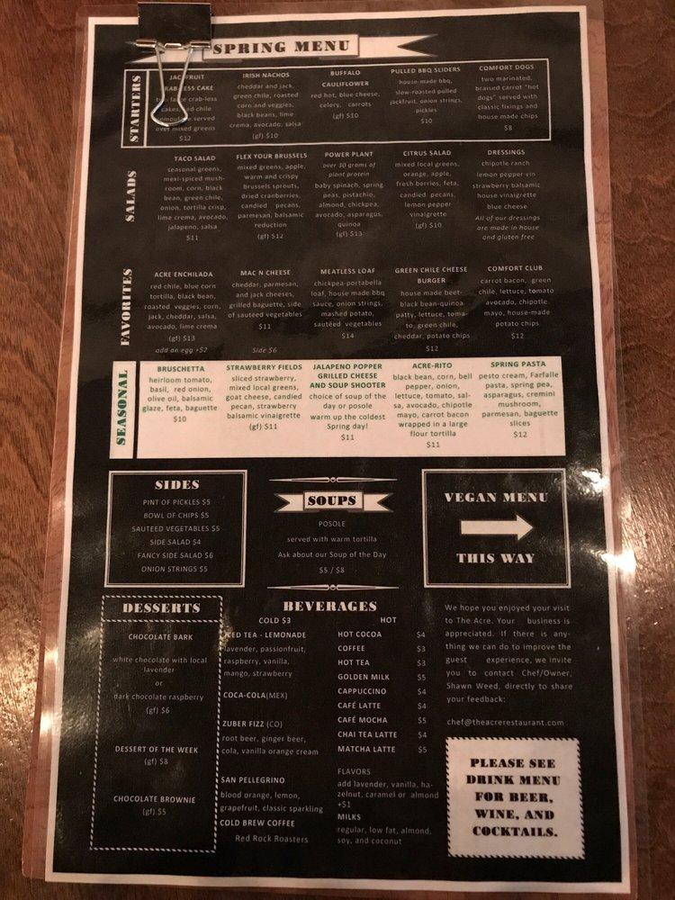 Menu at The Acre restaurant, Albuquerque