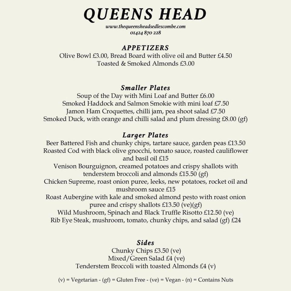 Menu at The Queens Head pub & bar, Sedlescombe