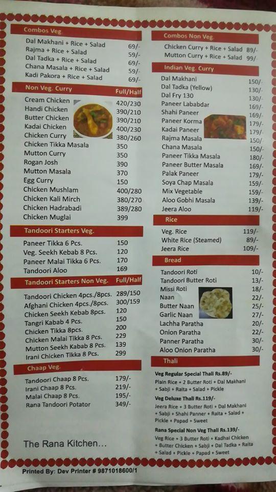 Menu at The Rana Kitchen, Gurugram, Arcadia