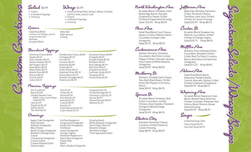 Menu at The Salad Shop cafe, Scranton