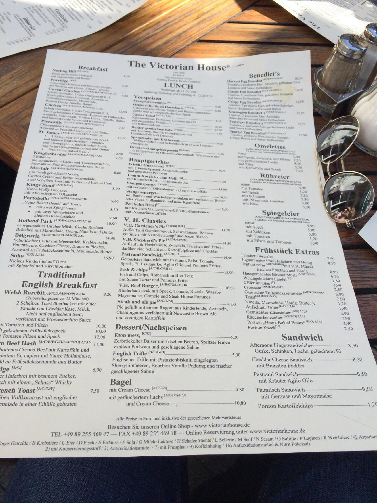 Menu at The Victorian House cafe, Munich, Frauenstraße 14