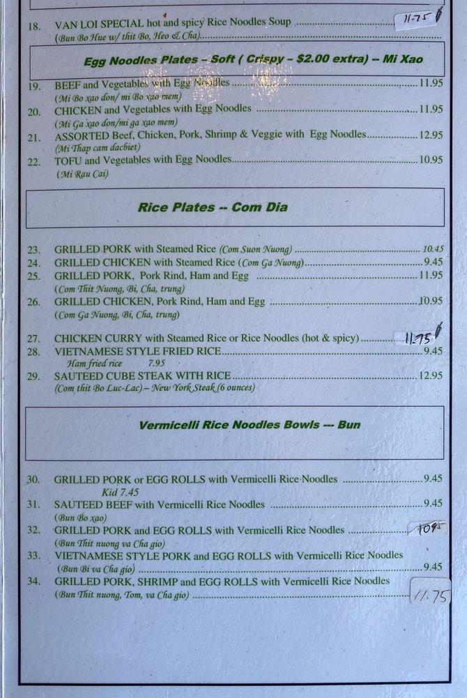Menu at Van Loi restaurant, Roy