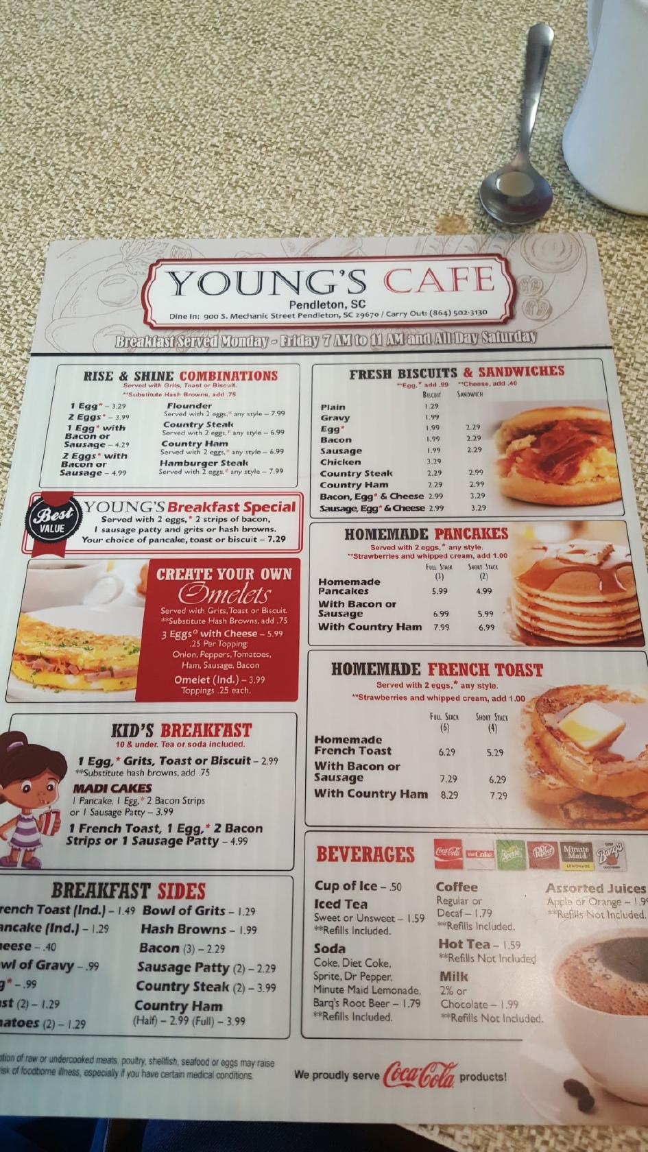 Menu at Young's Cafe, Pendleton