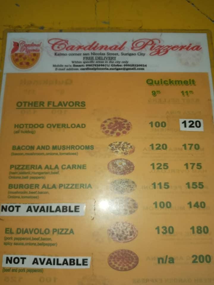 Menu at Cardinal Pizzeria, Surigao City