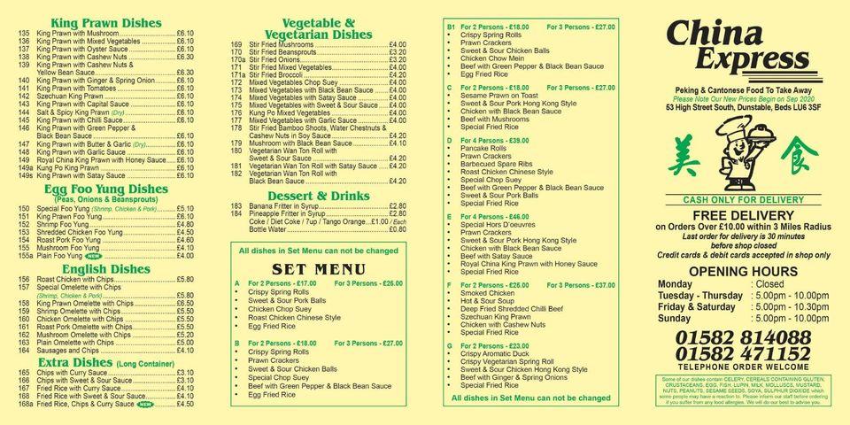 Menu at China Express fast food, Dunstable