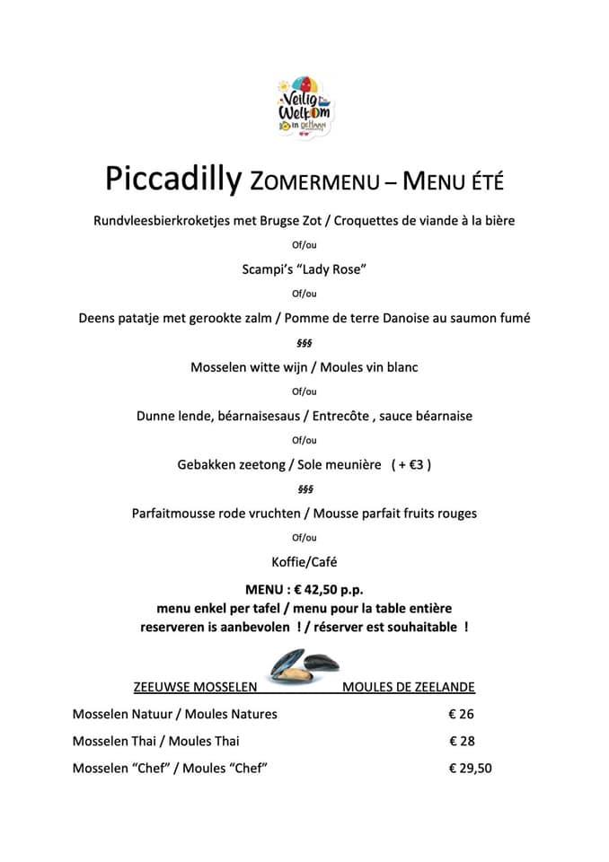 Menu at Restaurant Piccadilly, De Haan, Leopold II-laan 2
