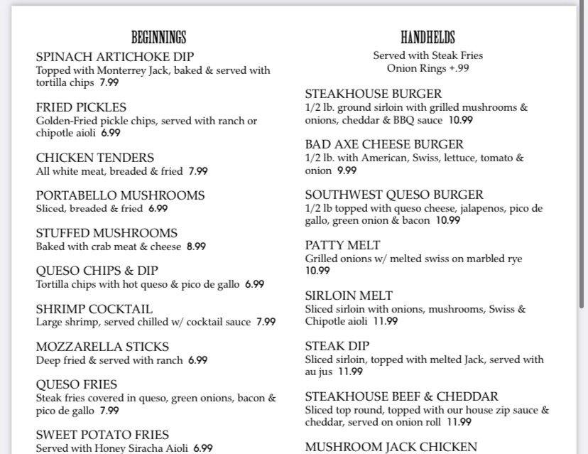 Menu at Steakhouse, Bad Axe