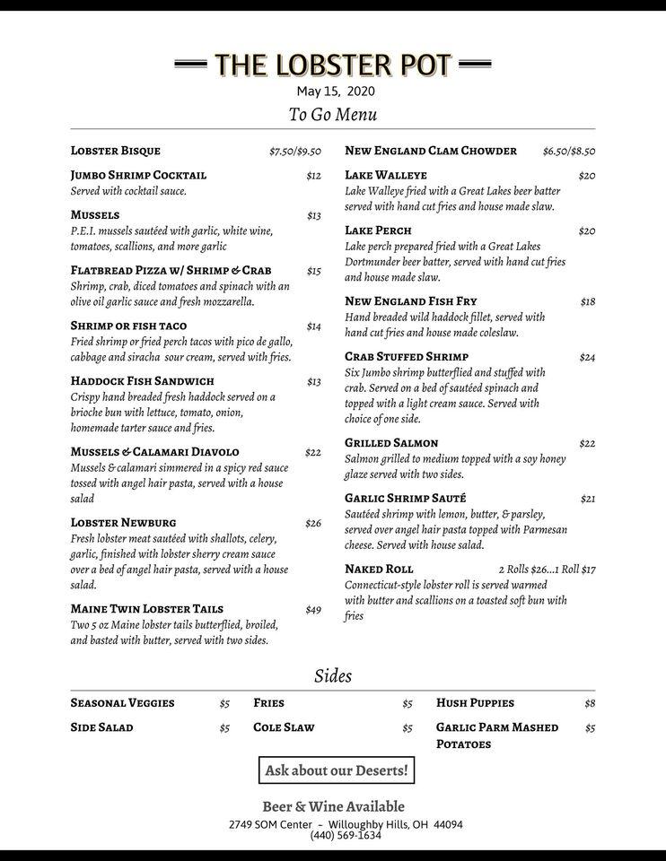 Menu at The Lobster Pot restaurant, Willoughby Hills