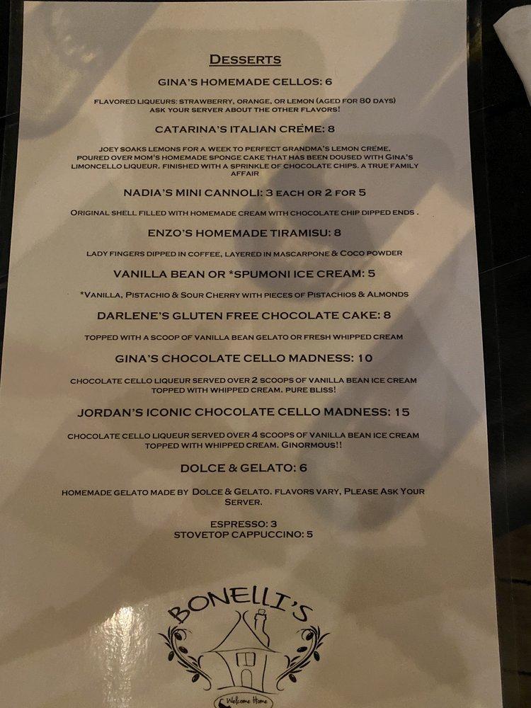 Menu at Bonelli's restaurant, Pensacola