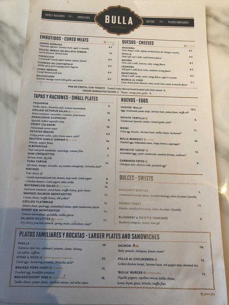 Menu at Bulla Gastrobar, Atlanta