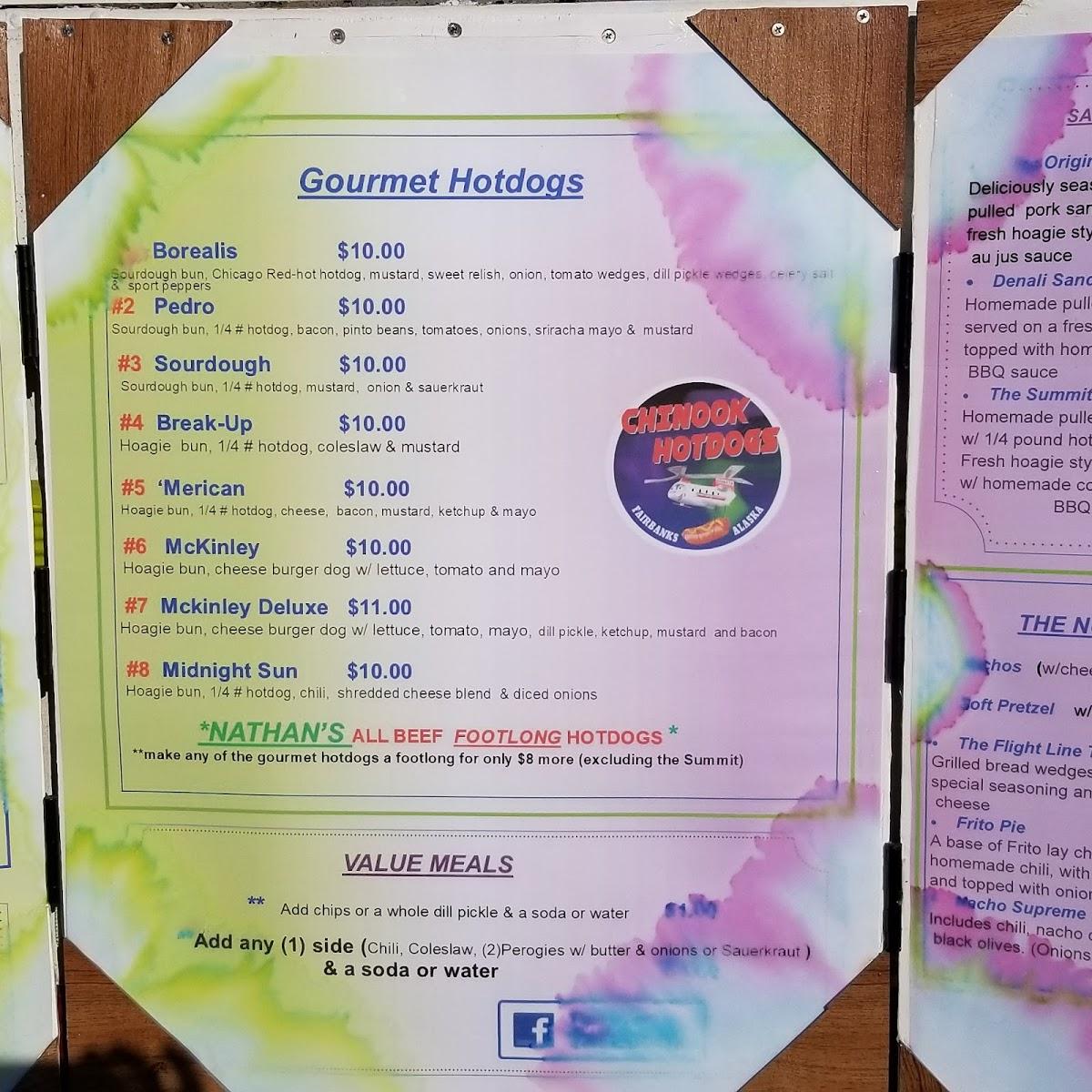 Menu at Chinook Hotdogs restaurant, Fairbanks, 122 N Turner St