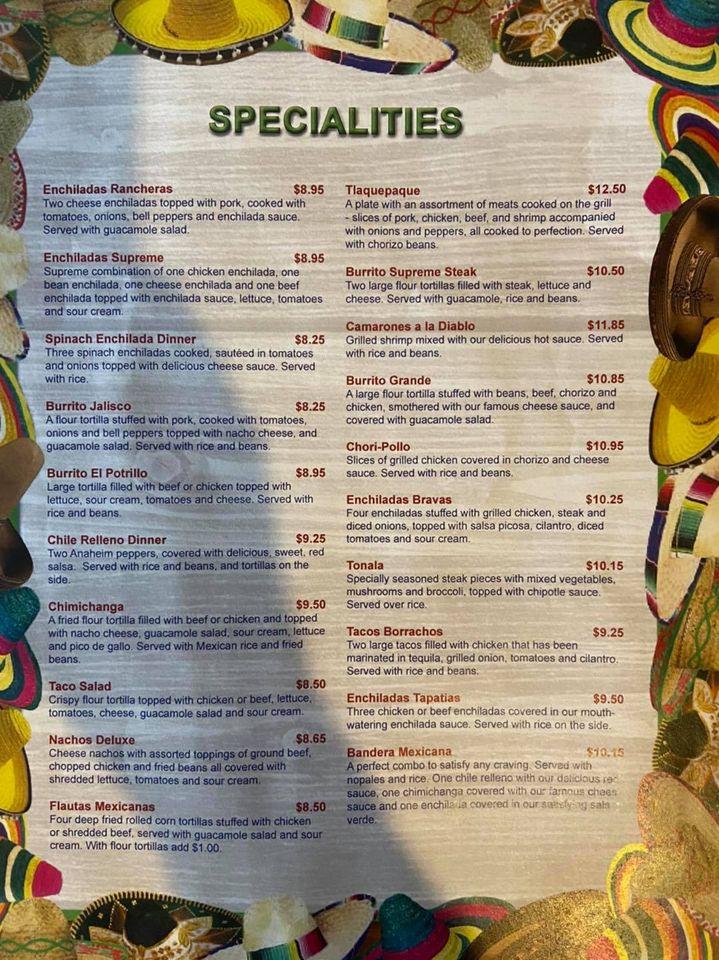 Menu at El Potrillo restaurant, Lyons