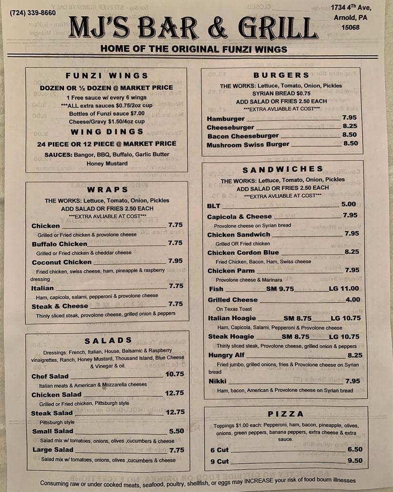 Menu at Funzi Wings pub & bar, Arnold