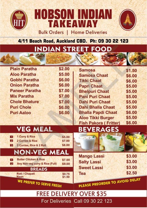 Menu at Hobson Indian Takeaway restaurant, Auckland, 4/11 Beach Rd