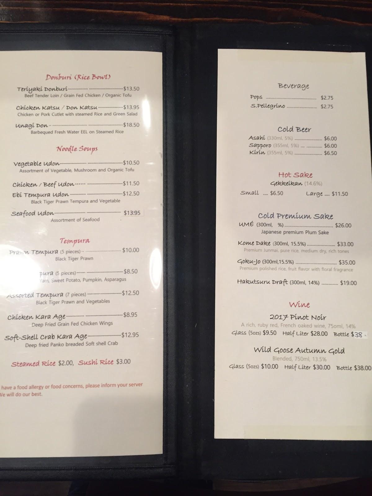 Menu at Irori Sushi restaurant, Vancouver