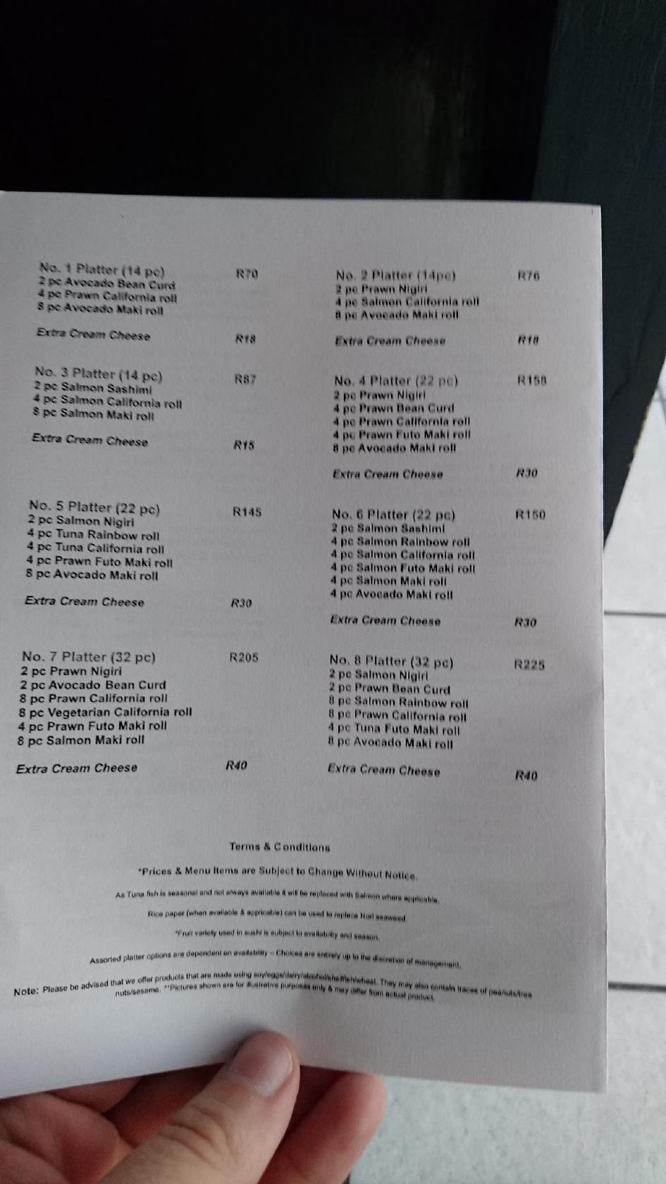 Menu at JC Chinese Restaurant, Bloemfontein