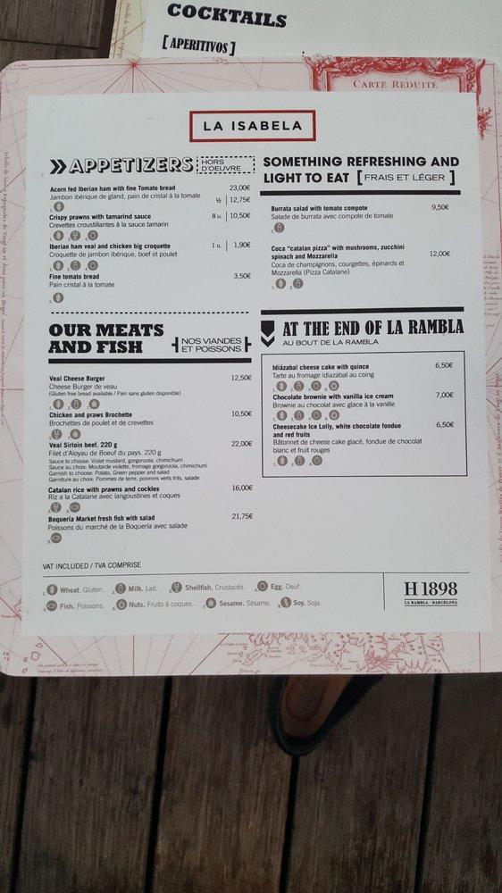 Menu at La Isabela Restaurant, Barcelona