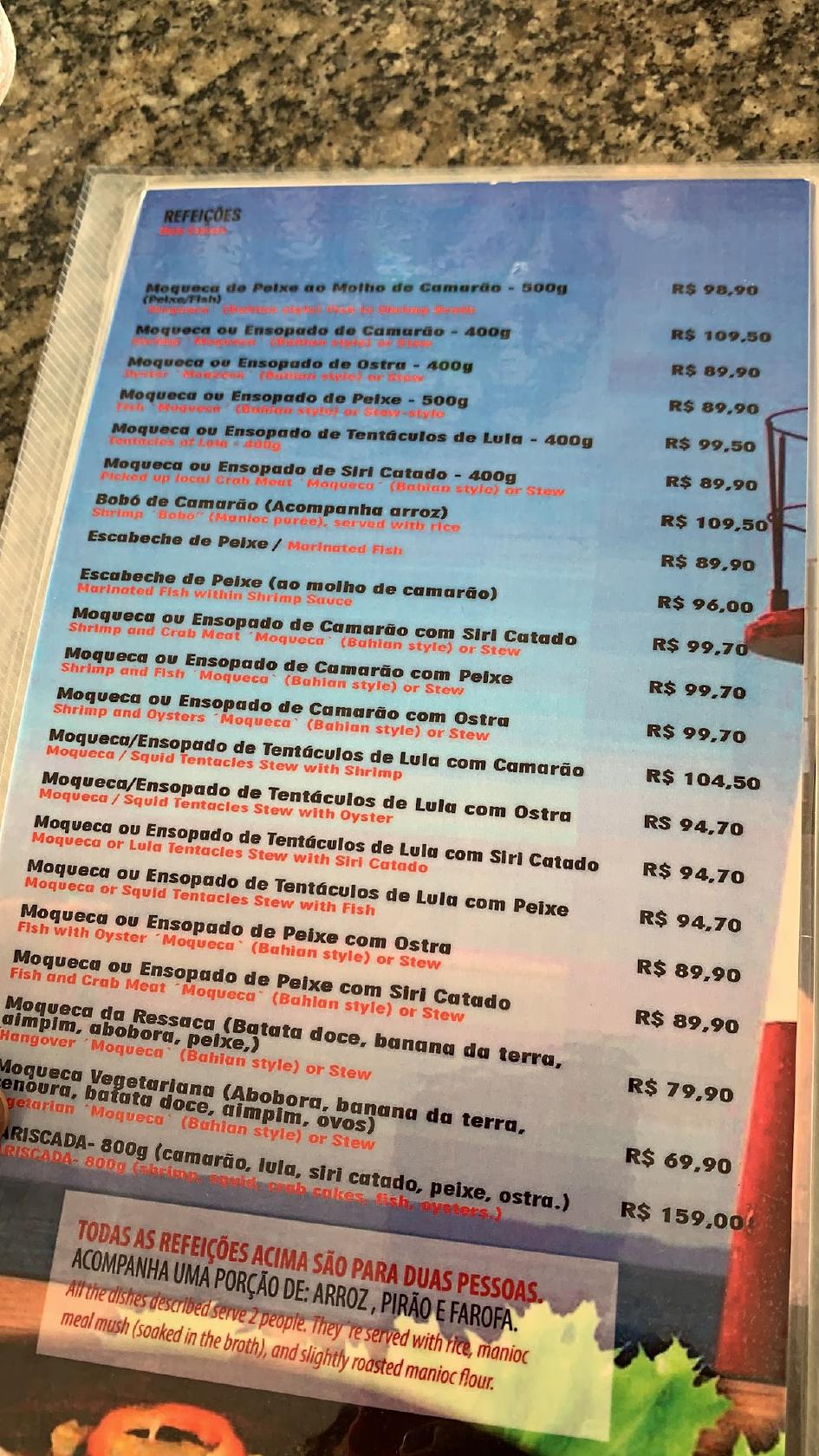Menu at Lua Cheia restaurant, Salvador