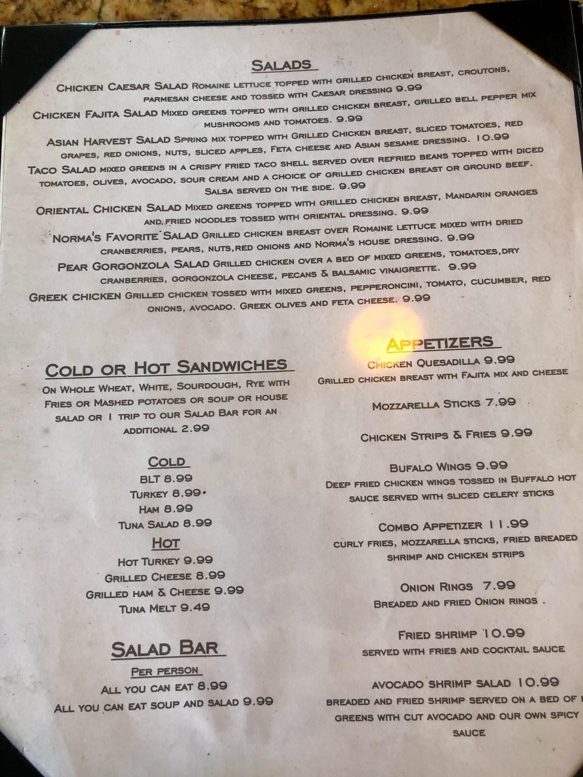 Menu at Norma's Family Restaurant, Salinas