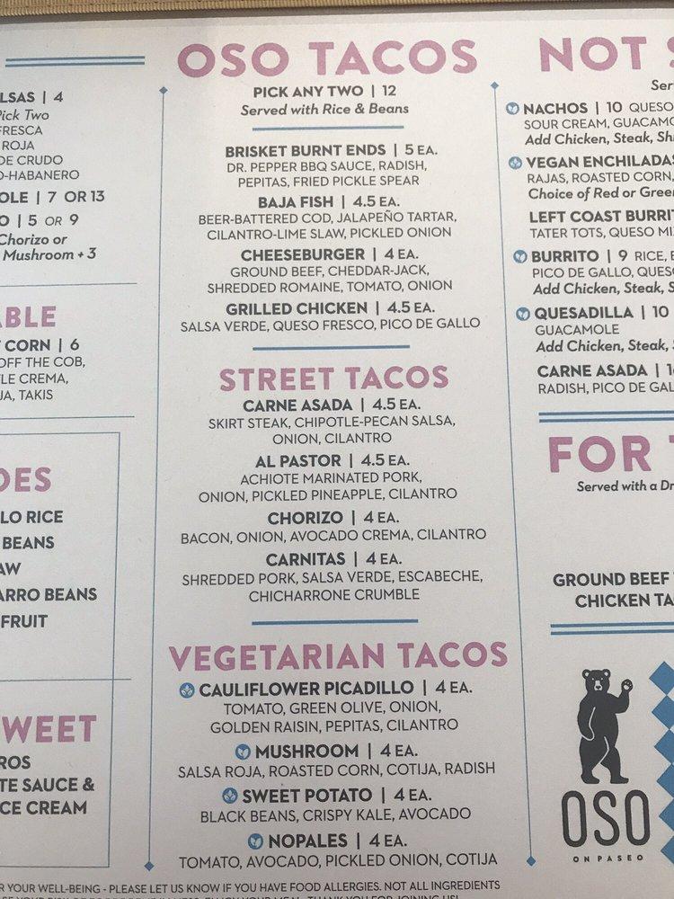 Menu at OSO Paseo pub & bar, Oklahoma City