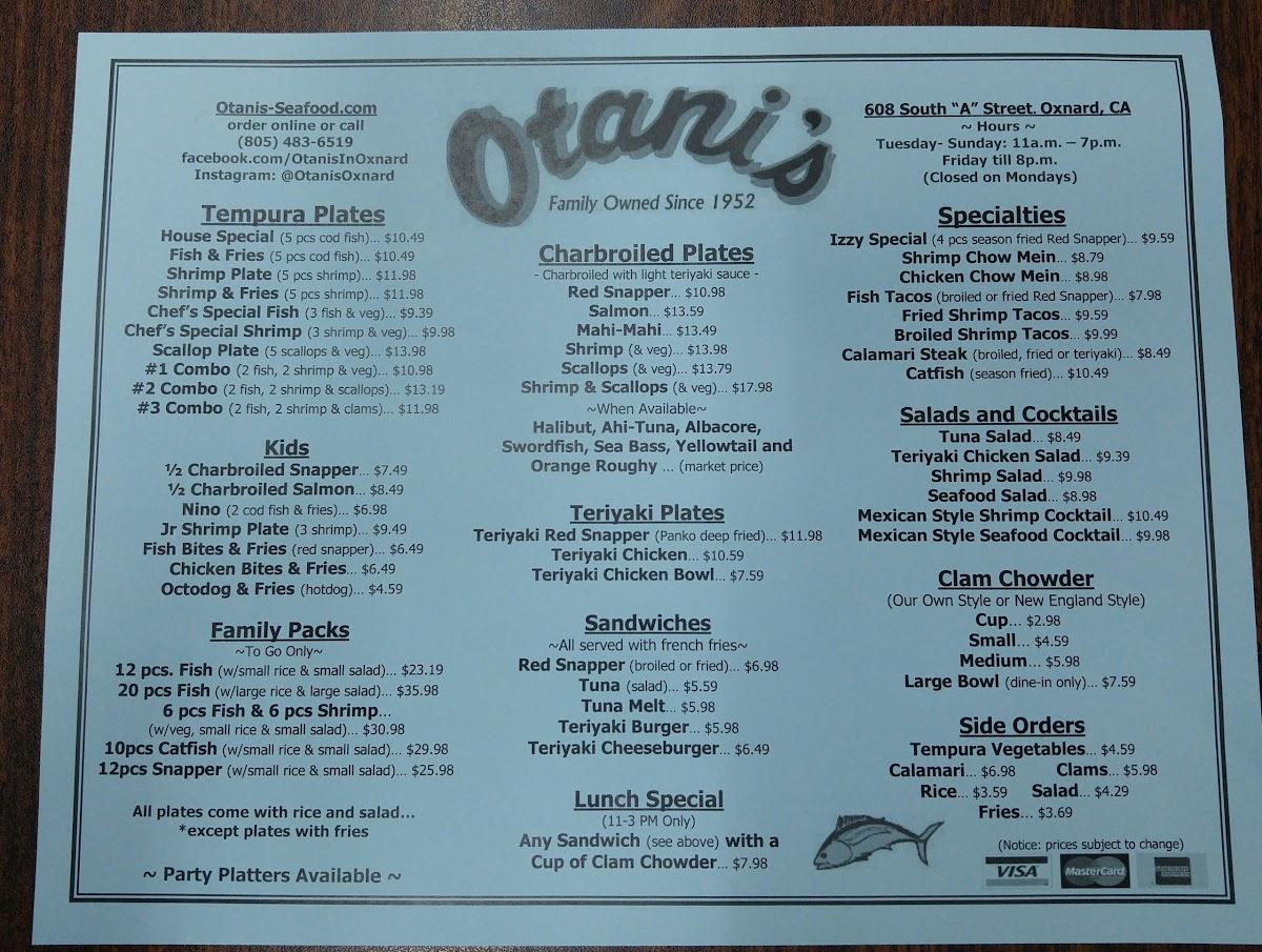 Menu at Otani's Seafood restaurant, Oxnard
