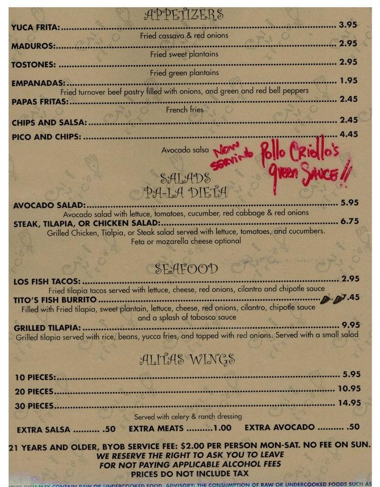 Menu at Cali N Tito's restaurant, Athens, S Lumpkin St