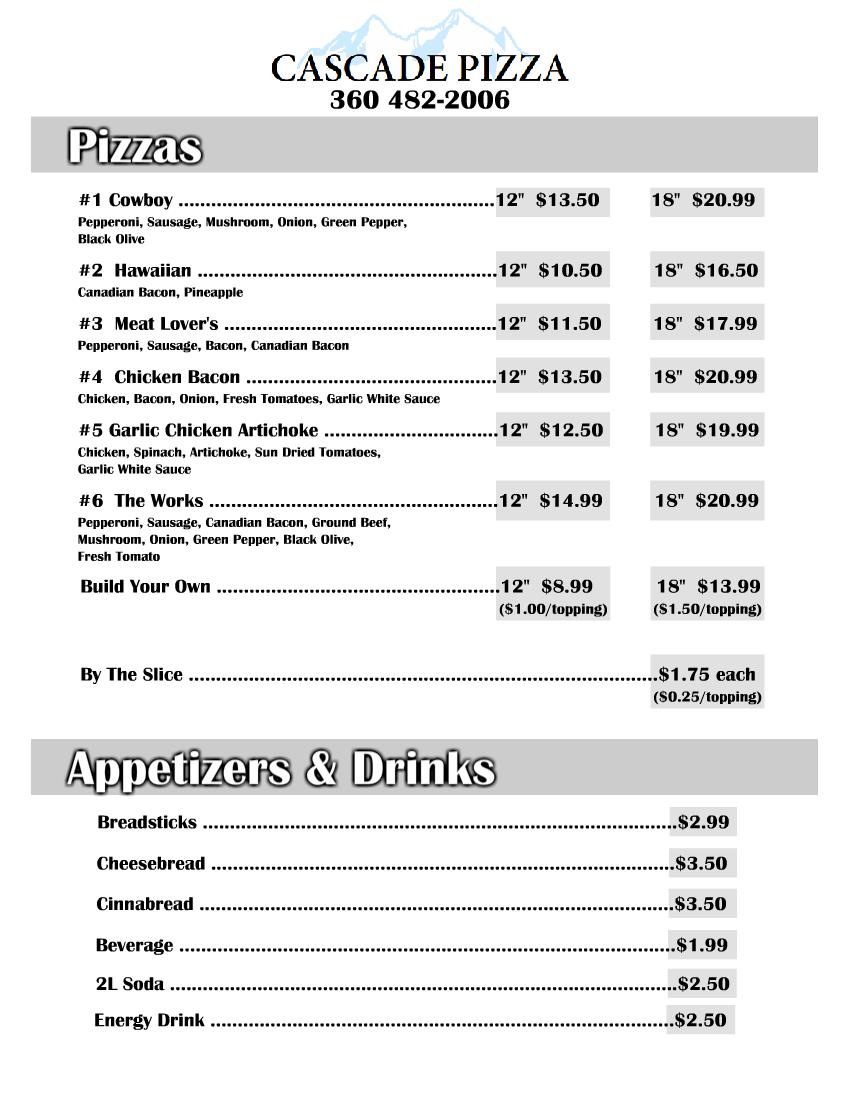 Menu at Cascade Pizza pizzeria, Elma