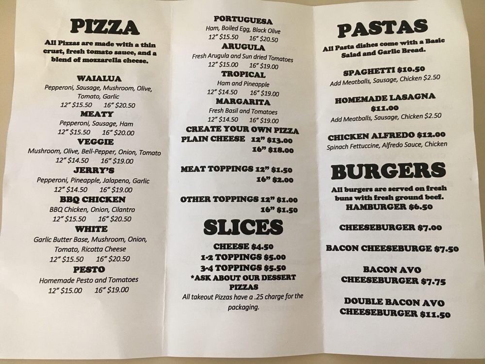 Menu at Jerry's Pizza Mill pizzeria, Waialua