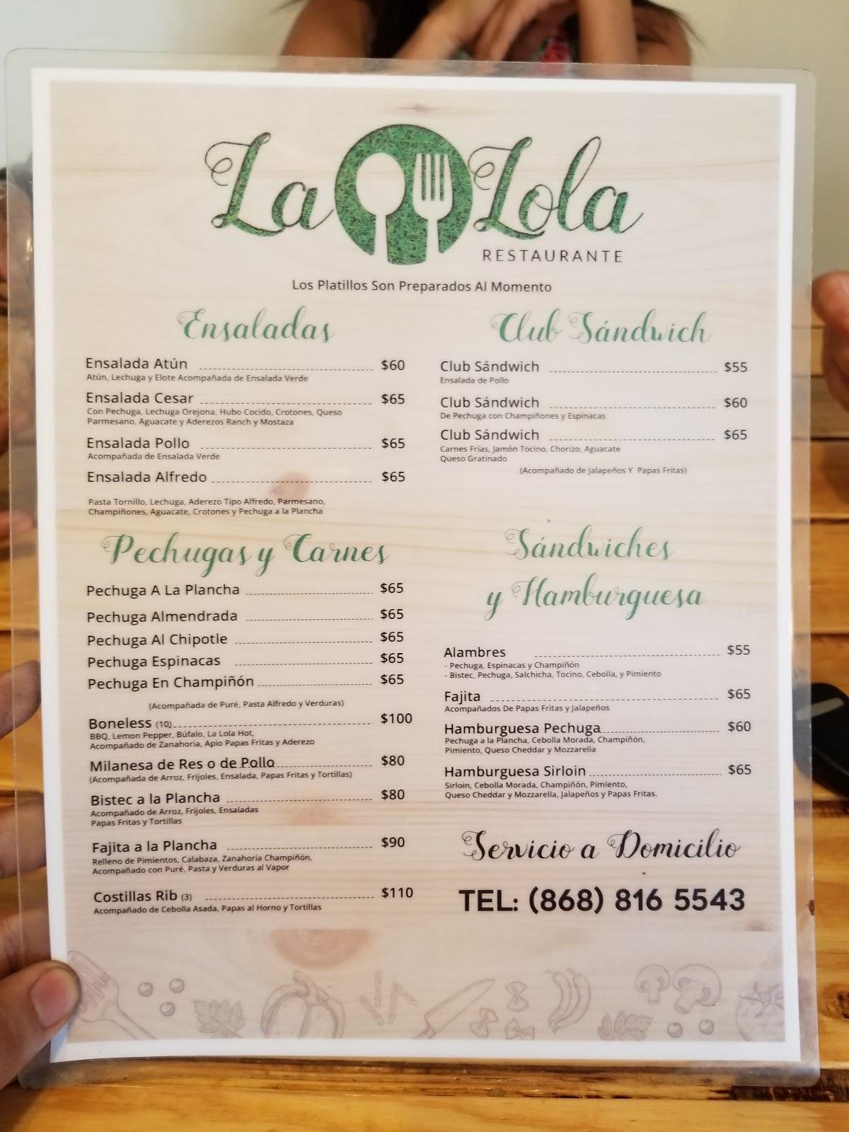 Carta del restaurante La Lola, Matamoros