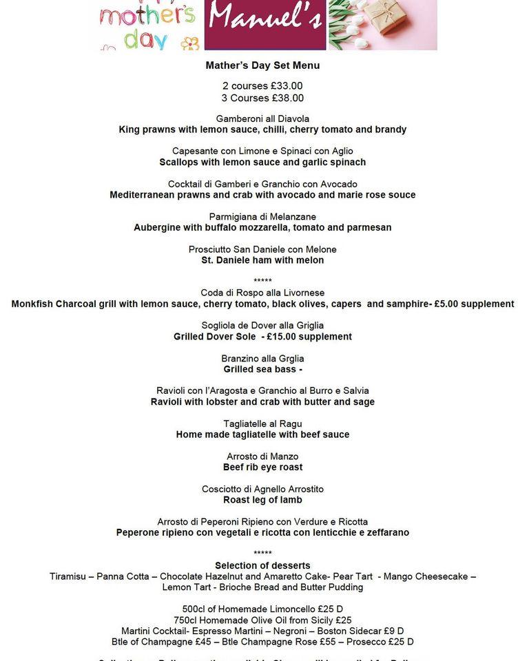 Menu at Manuel's Italian and Mediterranean Restaurant and Bar, London ...