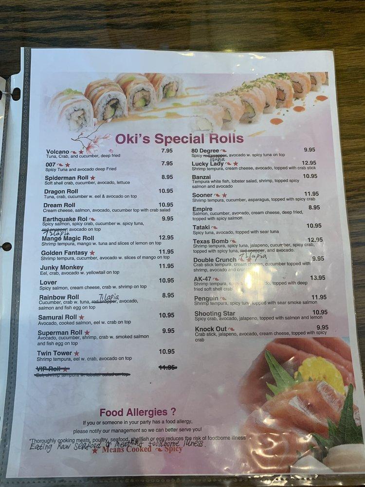 Menu at Oki's Japanese Restaurant, Havelock