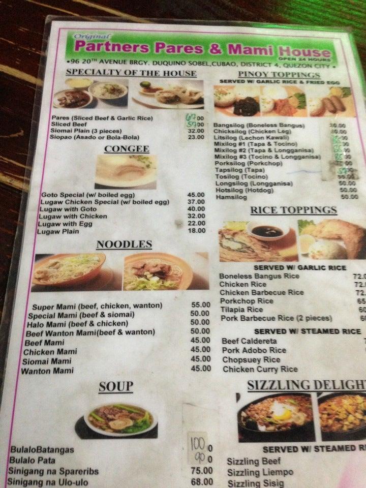 Menu at Original Partners Pares and Mami House, Quezon City