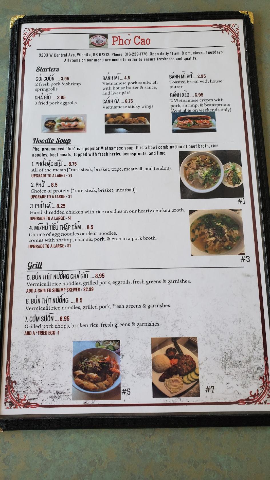 Menu at Pho Cao restaurant, Wichita