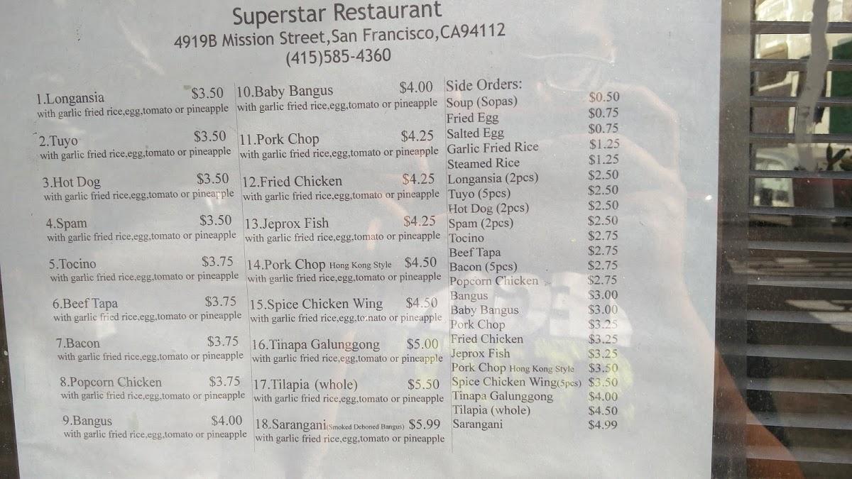 Menu at Super Star Restaurant, San Francisco