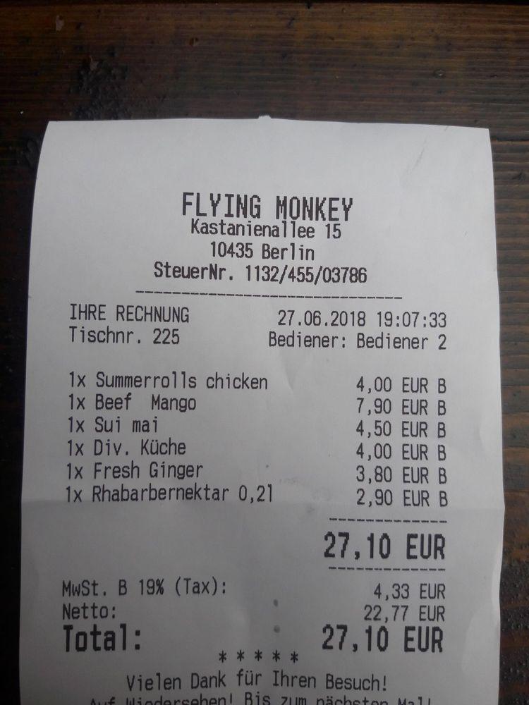 Menu at The Flying Monkey restaurant, Berlin